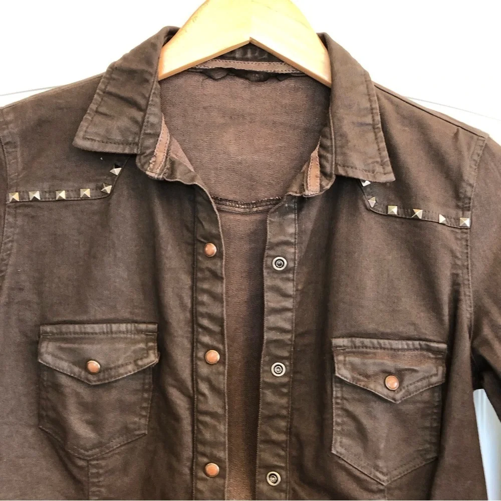 Zara | Tops | 66 Zara Waxed Cotton Denim Shirt Brown Large But Fits ...